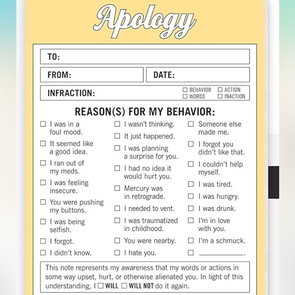 Office | Apology Checklist Memo Pad Sorry Note Humor | Poshmark